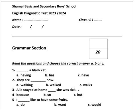 اختبار Diagnostic Test اللغة الإنجليزية الصف السادس الفصل الأول 2023