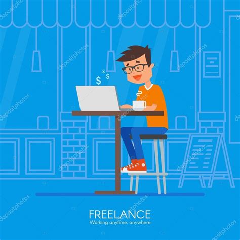 Male Freelancer Working Remotely From His Desk Vector Illustration In Flat Style Design Home