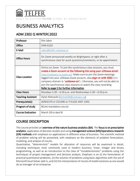 Business Analytics Syllabus C O L E D E G E S T I O N Telfer S C