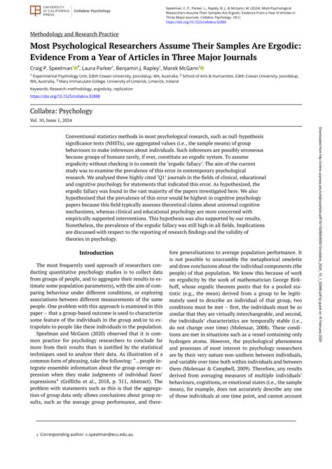 Pdf Most Psychological Researchers Assume Their Samples Are Ergodic