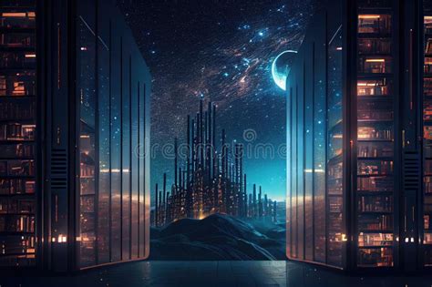 Futuristic Library Data Center With Rows Of Servers And High Tech Electronics Stock