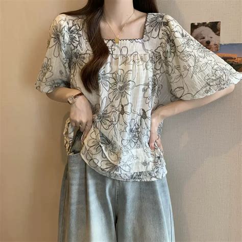 Plus Size Square Neck Floral Sketch Korean Blouse Pluspreorder