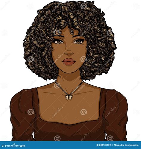 Portrait Of A Girl With Black Curly Hair African American Woman Big