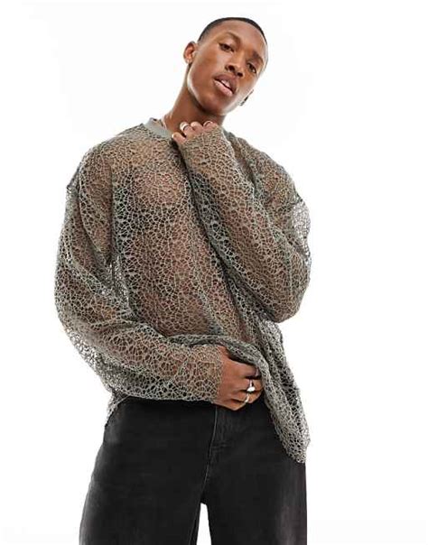Asos Design Langärmliges Oversize Shirt Aus Grobmaschigem Netzstoff