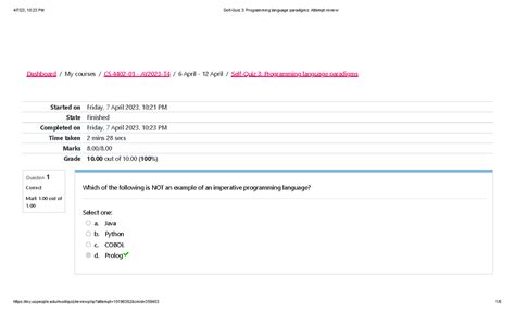 Self Quiz 3 Programming Language Paradigms Attempt Review Question 1 Correct Mark 1 Out Of 1