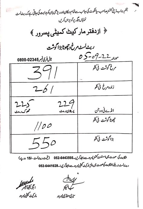 ریٹ لسٹ مورخہ 05 ستمبر گوشت پھل سبزیاں تحصیل پسرور ضلع سیالکوٹ