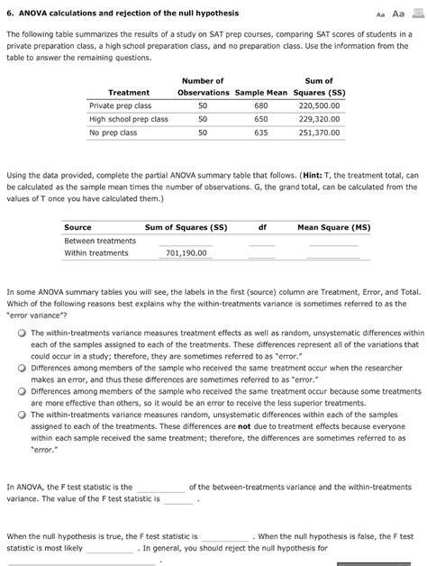 Solved ANOVA Calculations And Rejection Of The Null Chegg