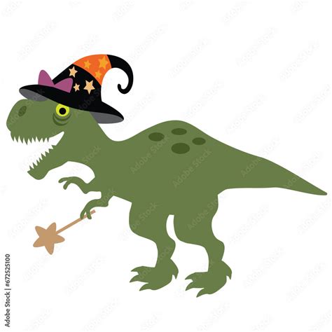 Funny Halloween T Rex Witch Vector Cartoon Illustration Stock Vector