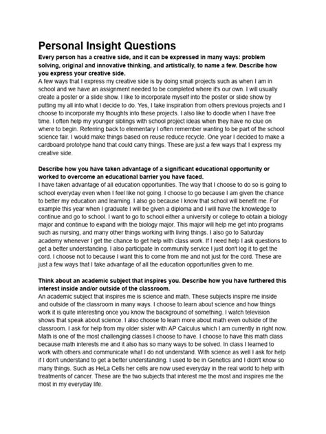 Personal Insight Questions Pdf Thought Science