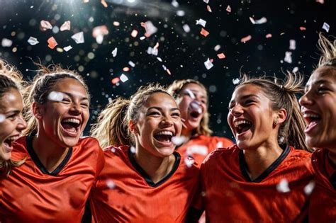 Womens Soccer Players Celebrating Victory In A Stadium Womens Soccer Concept Premium Ai