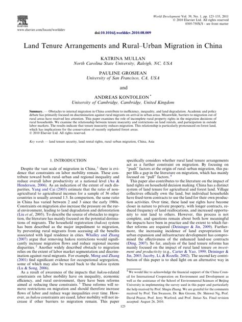 Land Tenure Arrangements And Rural Urban Pdf Human Migration Labour Economics