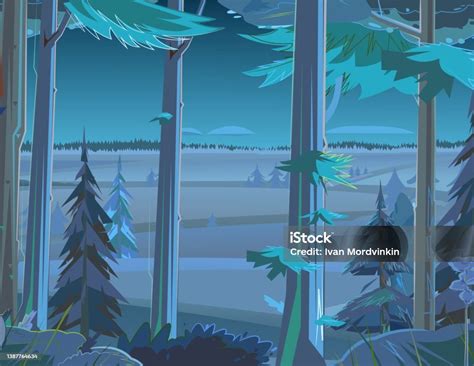 해질녘 에 잠수 숲에 나무와 전나무 나무가있는 밤 풍경 시골 정원 필드와 초원 언덕 어두운 여름 장면 만화 스타일의 평면 디자인에 그림 벡터 0명에 대한 스톡 벡터 아트 및