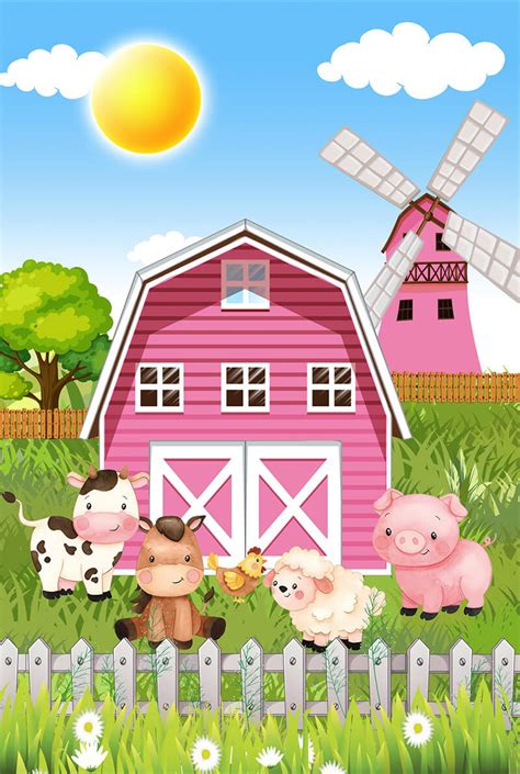 Pink Barn Cartoon Farm Animals Girl Birthday Party Backdrop Ubackdrop