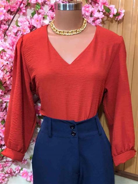 Blusa Manga 34 Com Decote V Em Crepe Duna Vernon Lu Modas Roupas E