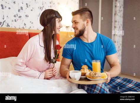 Romantic Love Couple Breakfast And Flowers In Bed At Home Good