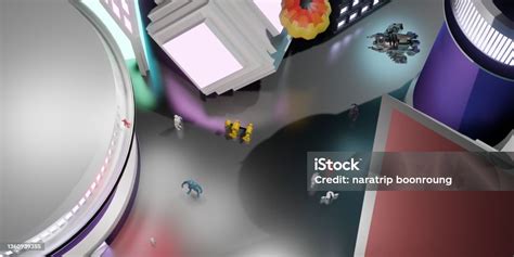 메타 버스 세계 Vr 안경 Vr 카메라 가상 세계 도시와 사람들의 3d 일러스트의 가상 세계에서 아바타 메타버스에 대한 스톡