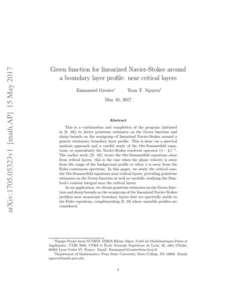 Pdf Green Function For Linearized Navier Stokes Around A Boundary Layer Profile Near Critical