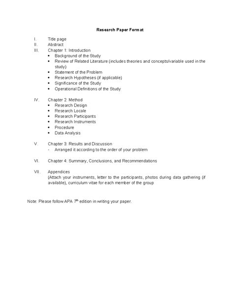 Format For Research Paper Research Paper Format I Title Page Ii