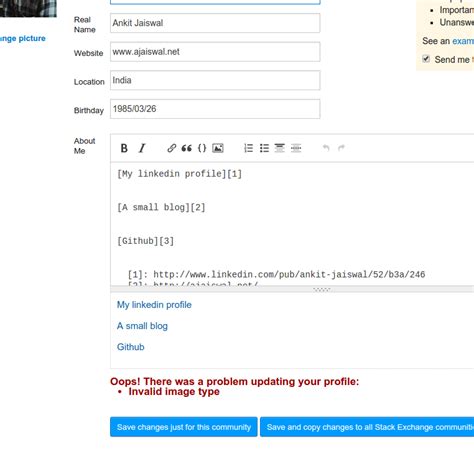 error in updating profile details invalid image type meta stack