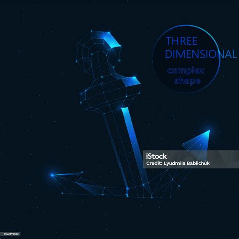 추상 3d 다각형 와이어프레임 낮은 폴리 앵커는 별이 있는 푸른 밤하늘에 있습니다 앵커의 3 차원 복잡한 모양 추상 포스터 디자인 기하학적 모양 다각형 신경총 배경 벡터