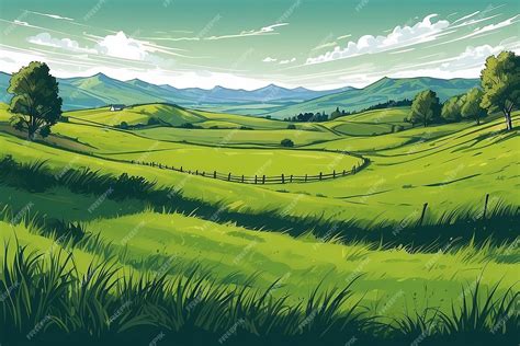 Premium Photo Vector Sketch Green Grass Field On Small Hills Meadow