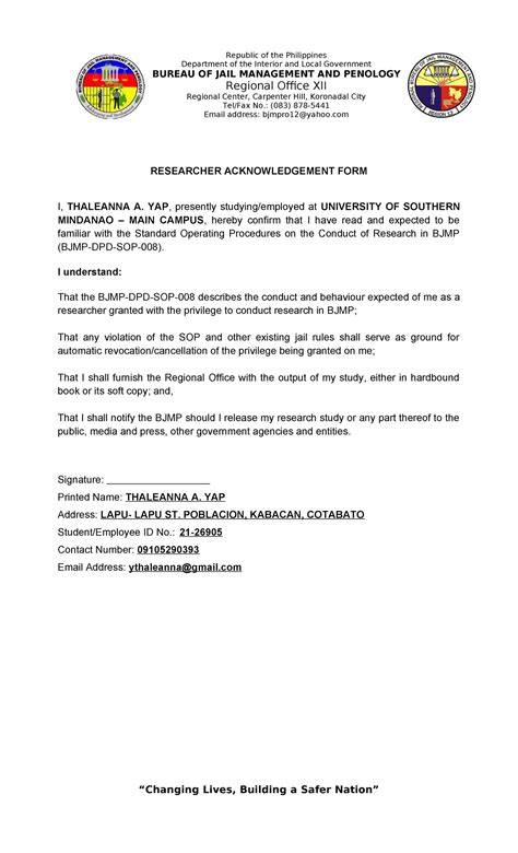 Researcher Acknowledgement Form Republic Of The Philippines