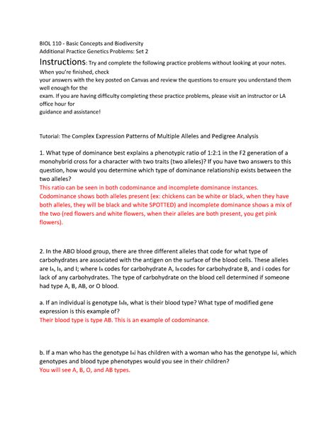 Practice Genetics 2 Woodward Biol 110 Basic Concepts And