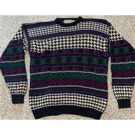 Vintage Concrete Mix Sweater Men Black Purple Green Geo Pattern Knit