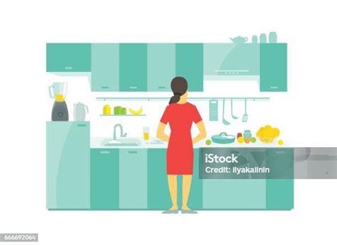 부엌에서 여자 준비 음식 요리와 식기 냄비 식기 식기 접시 와 부엌 캐비닛 가정 주방에 대한 스톡 벡터 아트 및 기타 이미지 가정 주방 가정의 방 개체 그룹 Istock