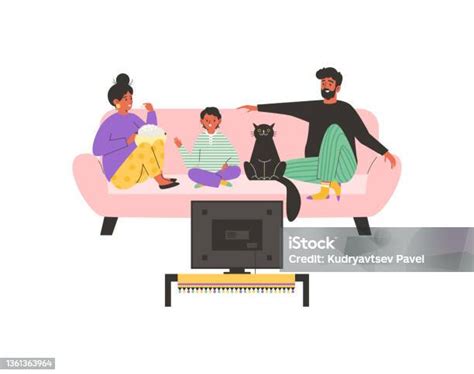 인종 아라비아 또는 히스패닉 가족은 집에서 소파에 앉아 함께 Tv를보고 만화 평면 벡터 일러스트 가족에 대한 스톡 벡터 아트 및