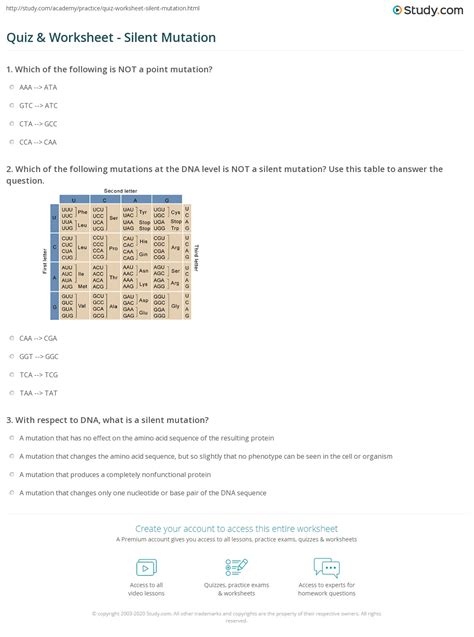 Quiz And Worksheet Silent Mutation