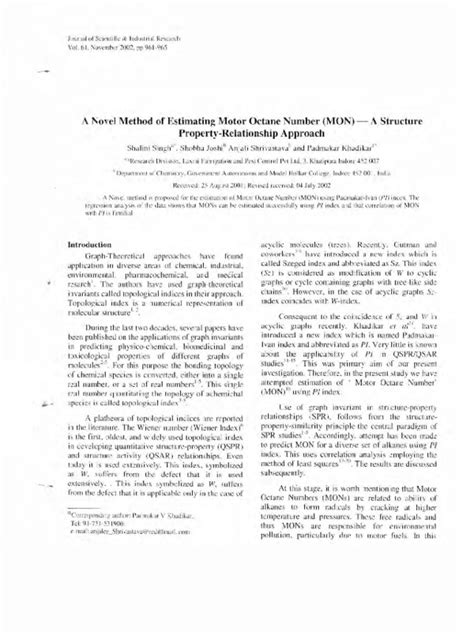 A Novel Method Of Estimating Motor Octane Number Mon A Structure Property Relationship Approach