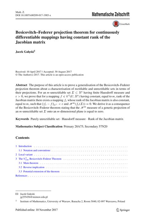 Pdf Besicovitch Federer Projection Theorem For Continuously Differentiable Mappings Having