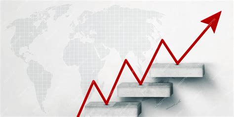 세계 지도가 있는 계단의 빨간색 상향 화살표 프리미엄 사진