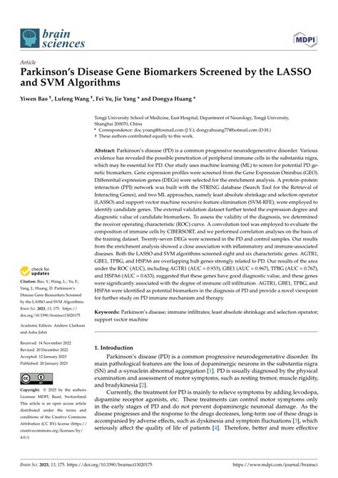 pdf parkinson s disease gene biomarkers screened by the lasso and svm