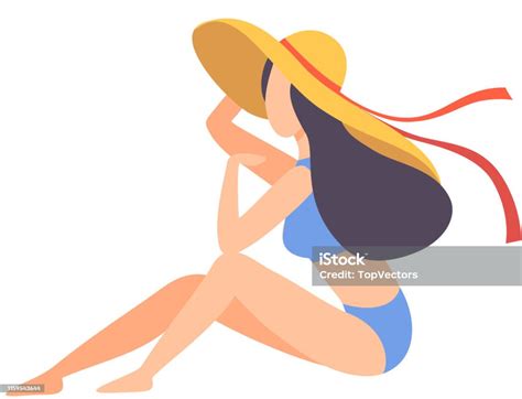 갈색 머리 소녀 에서 푸른 수영복 과 밀짚 모자 앉아 에 비치 아름다운 젊은 여자 즐기는 여름 휴가 에 바닷가 벡터 일러스트