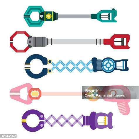 흰색 배경에 설정 된 로봇 발톱 아이 플라스틱 로봇 손 장난감 로봇 발톱 팔 장난감 기계 손 장난감 발톱 게임 장치의 만화 개념 벡터 그림 인형 뽑기 게임에 대한 스톡 벡터