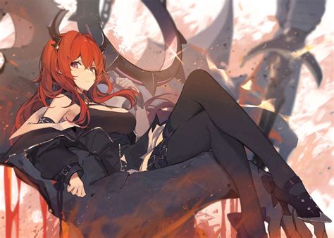 Portrait Mongarit Surtr Arknights Redhead Purple Eyes Horns