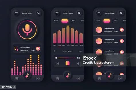 음악 플레이어 응용 프로그램에 대한 독특한 Neumorphic 디자인 키트 트랙 검색 음악 및 오디오 스트리밍 좋아하는 재생 목록 온라인 음악 청취 Ui Ux 템플릿 세트