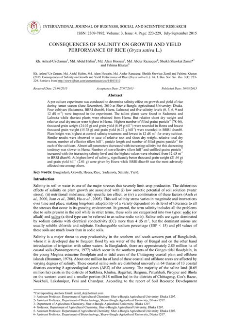 Pdf Consequences Of Salinity On Growth And Yield Performance Of Rice