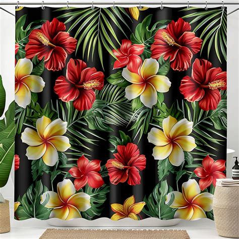 Exotic Tropical Floral Shower Curtain Vibrant Hibiscus And Plumeria