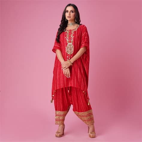 Red Strpies Fusion Kaftan With Patiala Amanithestore