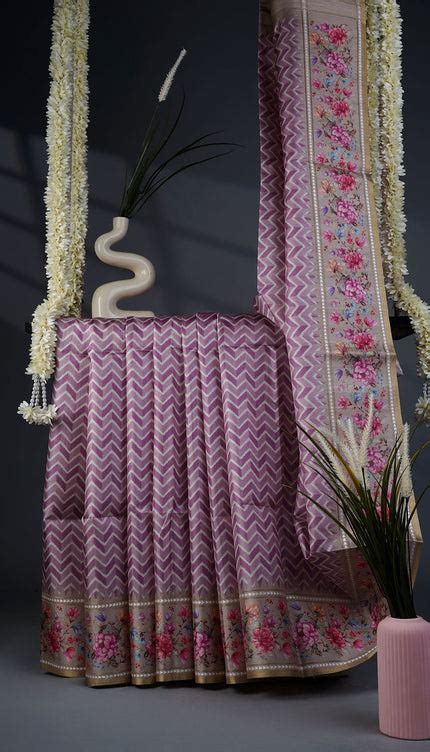 Tusser Silk Saree With Floral Print Border Light Purple Sirimalle