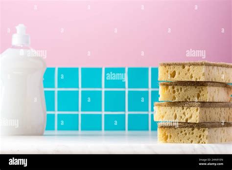 Eco Firendly Bamboo Kitchen Sponge In Table Copy Space Background