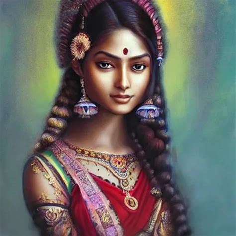 Portrait Of A Beautiful Indian Girl Painterly Diff Openart