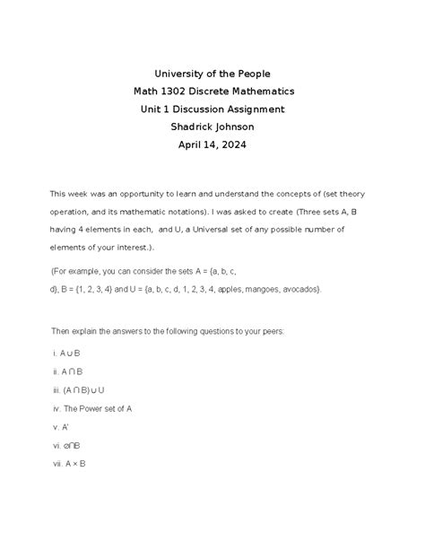 discrete math 1302 unit 1 discussion assignment university of the