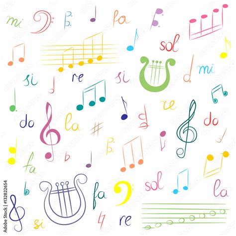 Hand Drawn Set Of Music Symbols Colorful Doodle Treble Clef Bass Clef