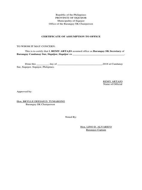 Certificate Of Assumption Sk Sectreasurer Pdf
