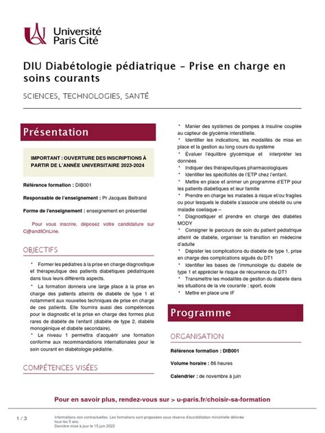Diu Diabétologie Pédiatrique Prise En Charge En Soins Courants Pdf