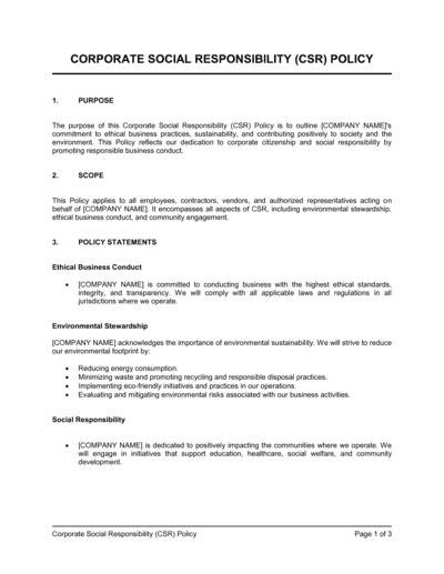 Corporate Social Responsibility Policy Template Word And Pdf Free Trial